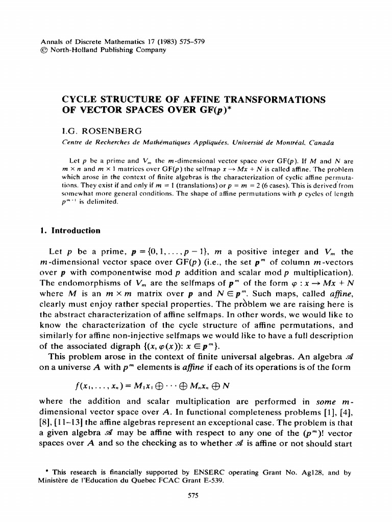 Cycle Structure of Affine Transformations of Vector Spaces Over GF (P) | Download Free PDF ...