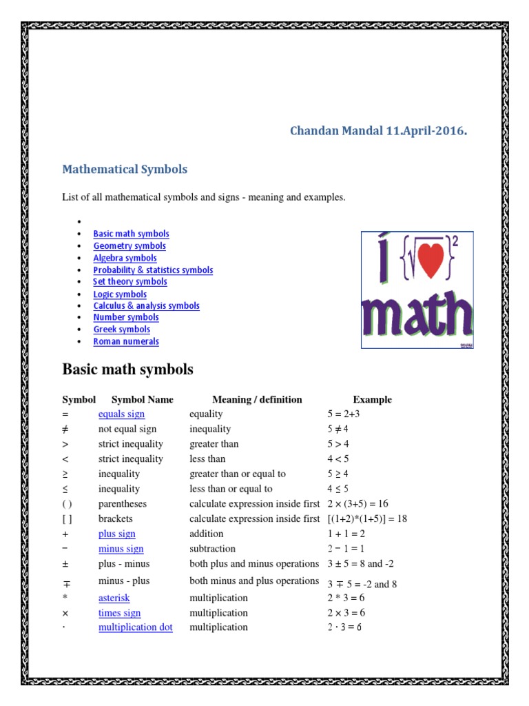 Mathematical Symbols Guide Under 40 Characters | PDF | Variance ...