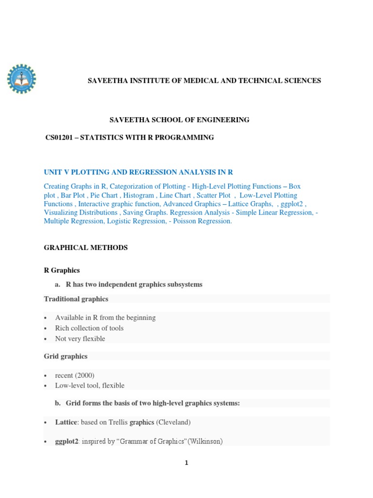 Saveetha Institute of Medical and Technical Sciences: Unit V Plotting and Regression Analysis in ...