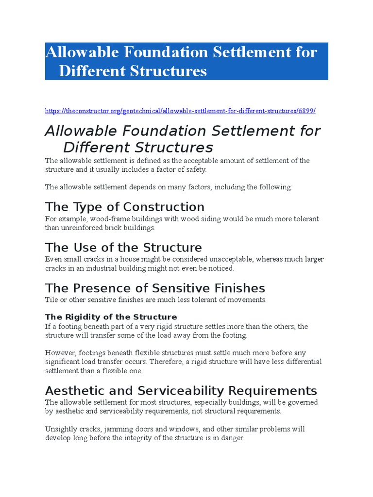 Allowable Foundation Settlement For Different Structures | PDF ...