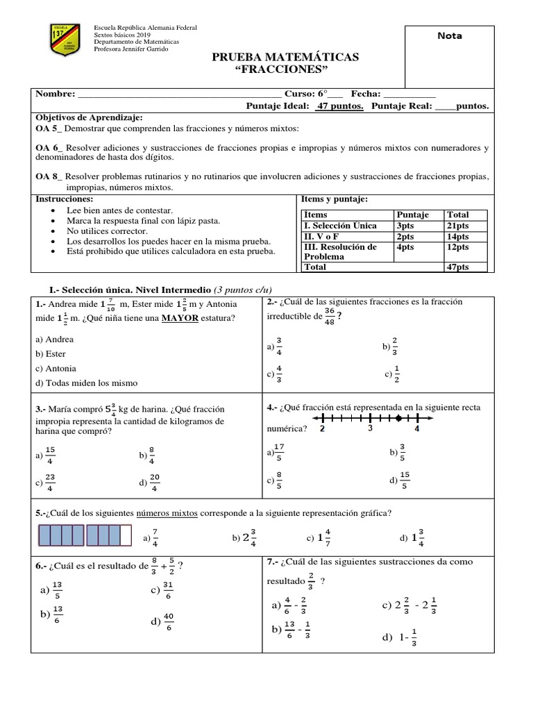Prueba Fracciones Quinto Basico Fracciones Fracciones Equivalentes
