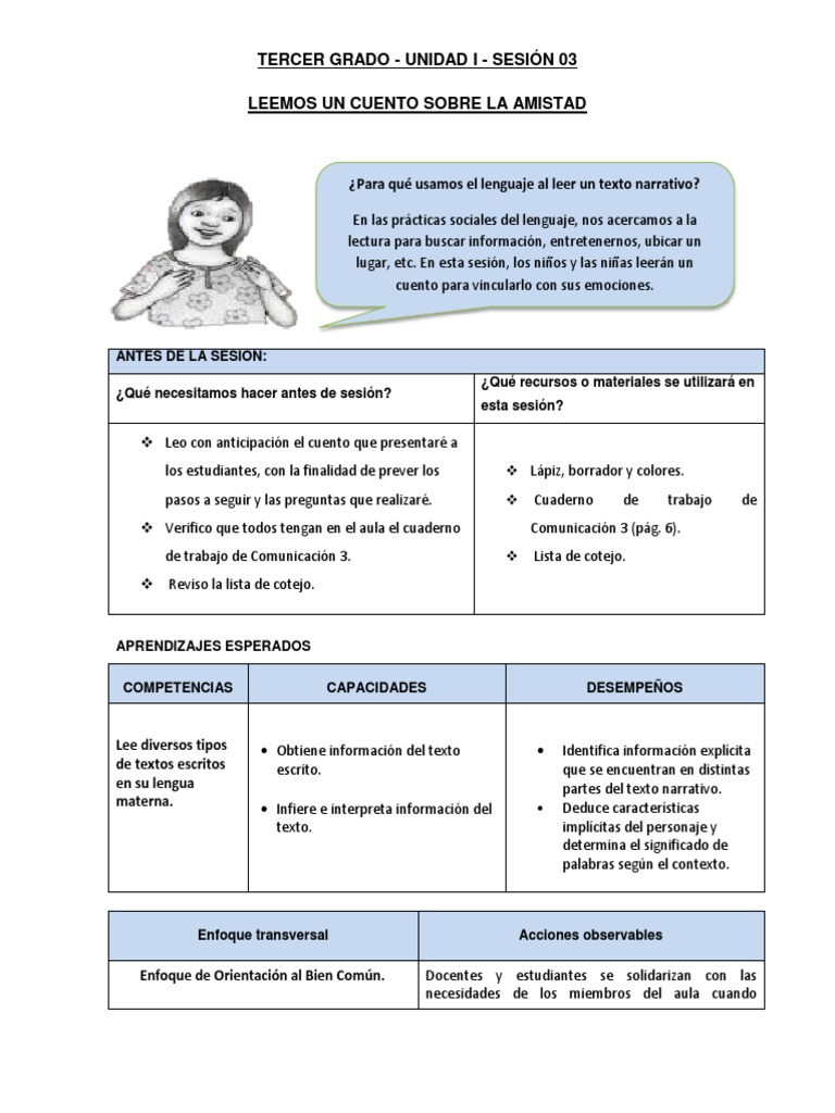 sesión 3 unidad I -2019. c. Leemos cuento amist..docx | PDF | Salón de clases | Comunicación