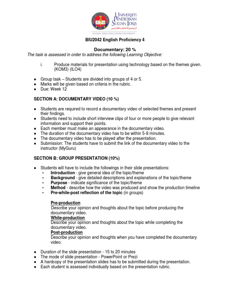 Documentary: 20 %: The Task Is Assessed in Order To Address The ...