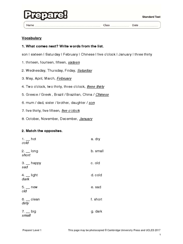Prepare Test A1 | PDF | Question