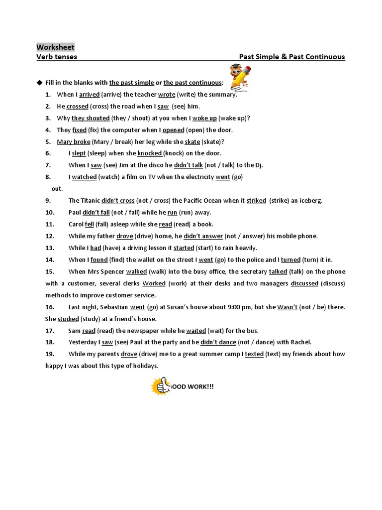 Worksheet Verb Tenses Past Simple & Past Continuous | PDF