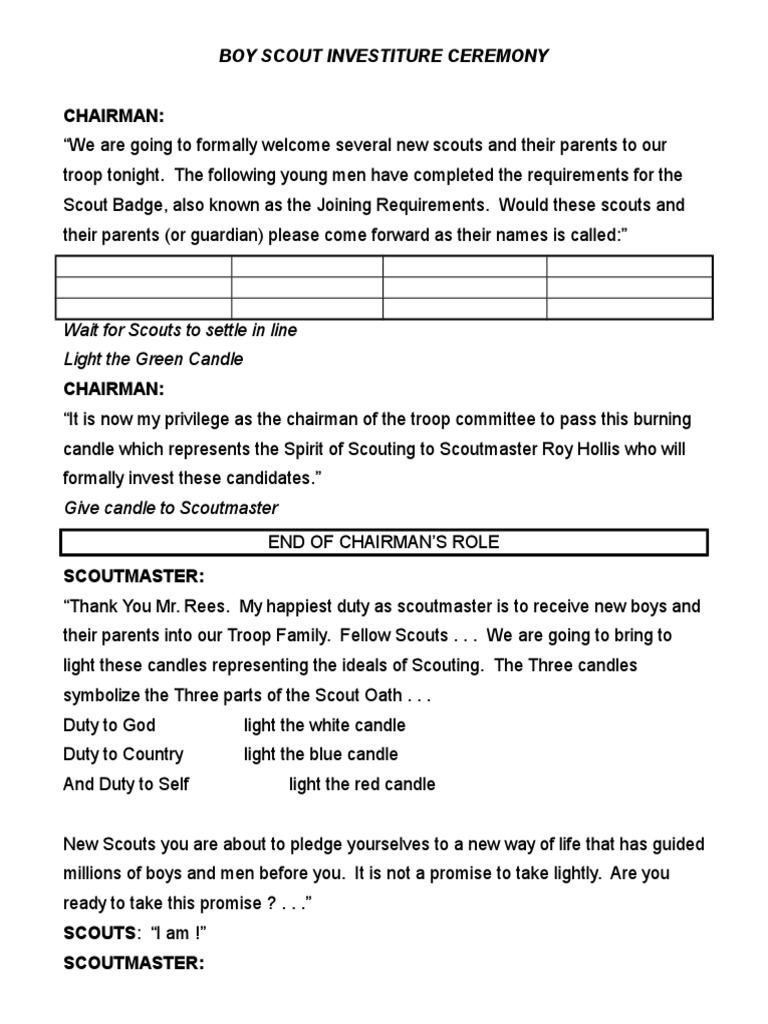 Chairman:: Boy Scout Investiture Ceremony | PDF | Scouting | Outdoor ...