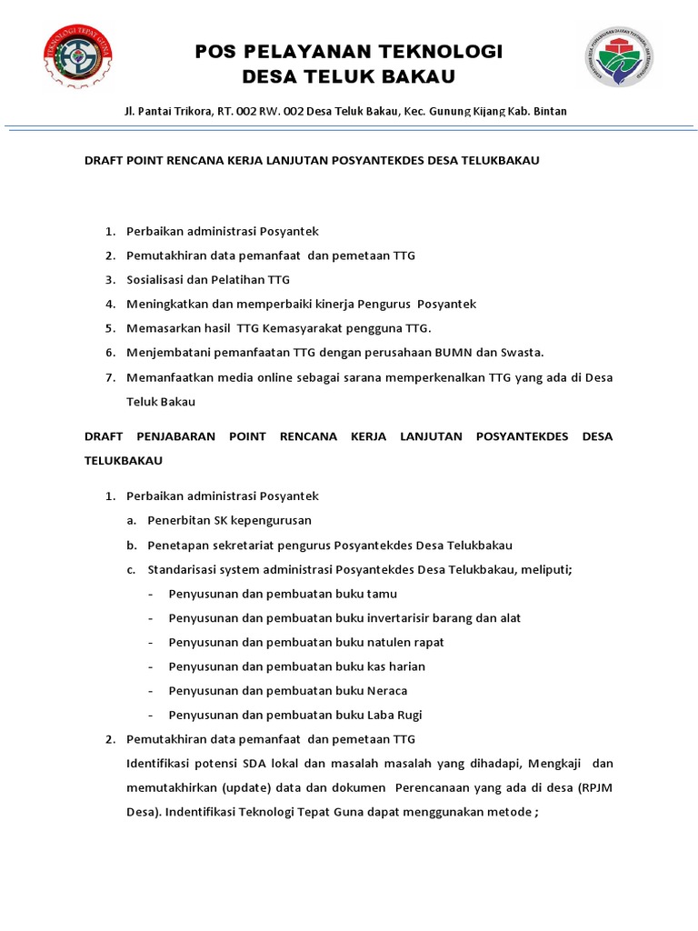 Draft Point Rencana Kerja Lanjutan Posyantekdes Desa Telukbakau | PDF ...