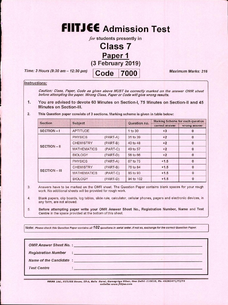 Class 7 Admission Test Instructions | PDF | Respiratory System | Hydroxide