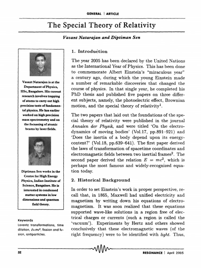 The Special Theory of Relativity: Vasant Natarajan and Diptiman Sen ...
