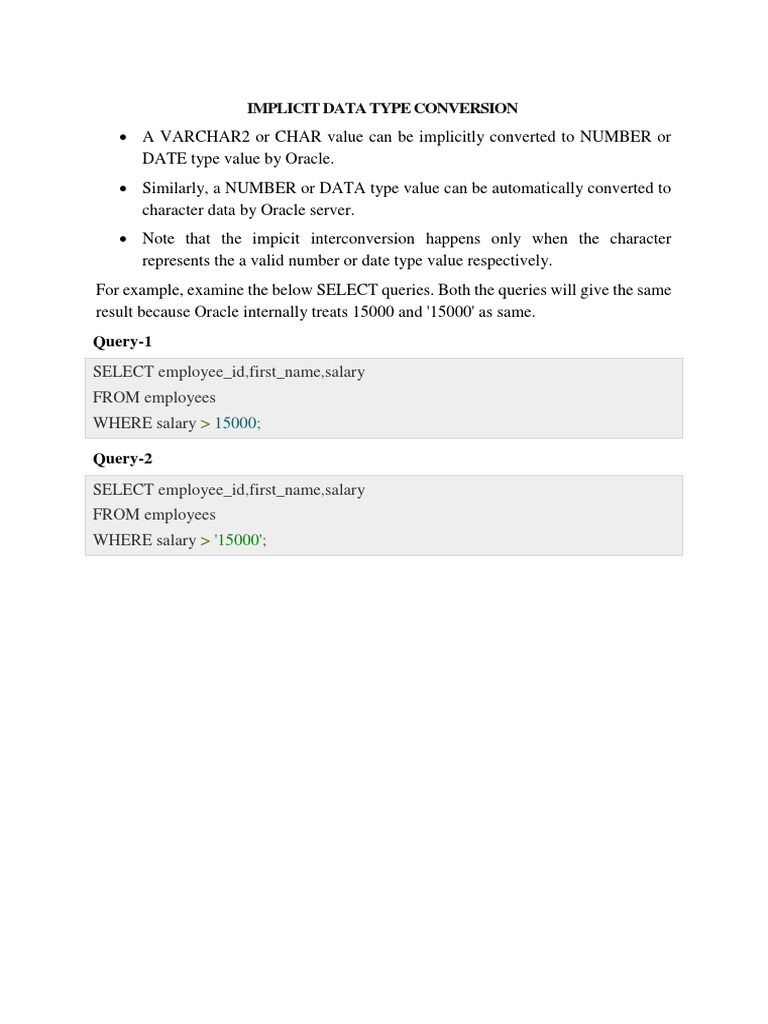Implicit Data Type Conversion: Query-1 | PDF | Sql | Information Retrieval