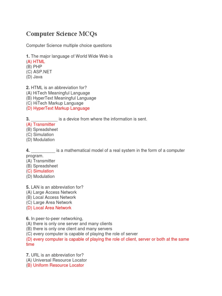 Computer Science MCQs | Download Free PDF | Random Access Memory | Computer Network