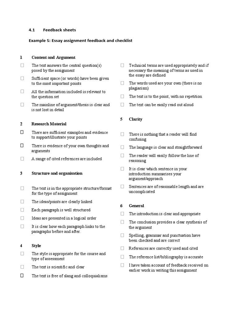 Essay Assignment Feedback Checklist: An Example Feedback Sheet for ...