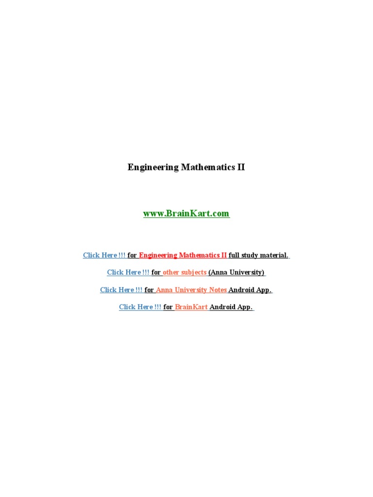 268 - MA8251 Engineering Mathematics II - 2 Marks Important Questions PDF | PDF | Laplace ...