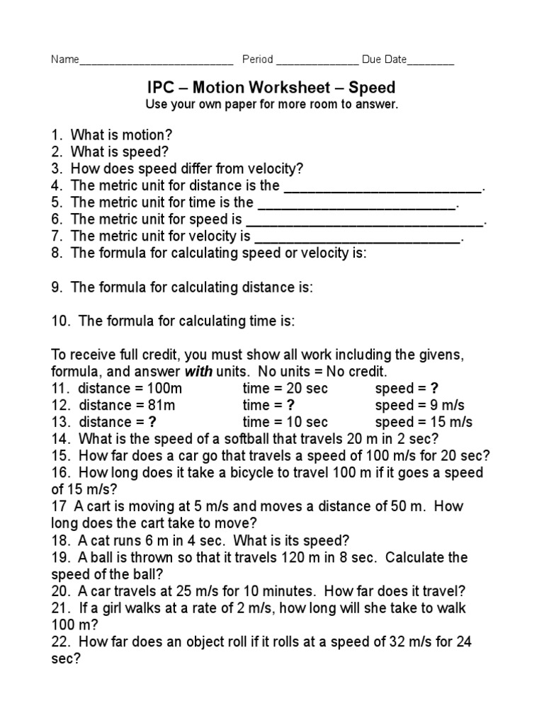 IPC - Motion Worksheet - Speed: Use Your Own Paper For More Room To ...