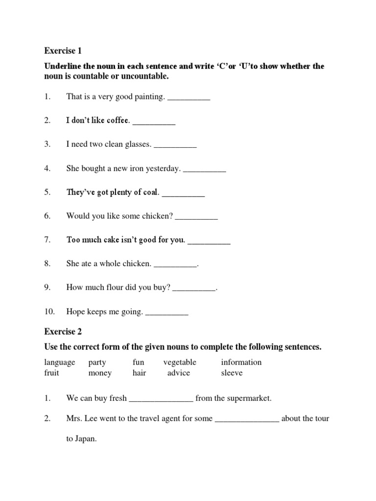 Exercise 1 Underline The Noun in Each Sentence and Write C'or U'to Show Whether The Noun Is ...
