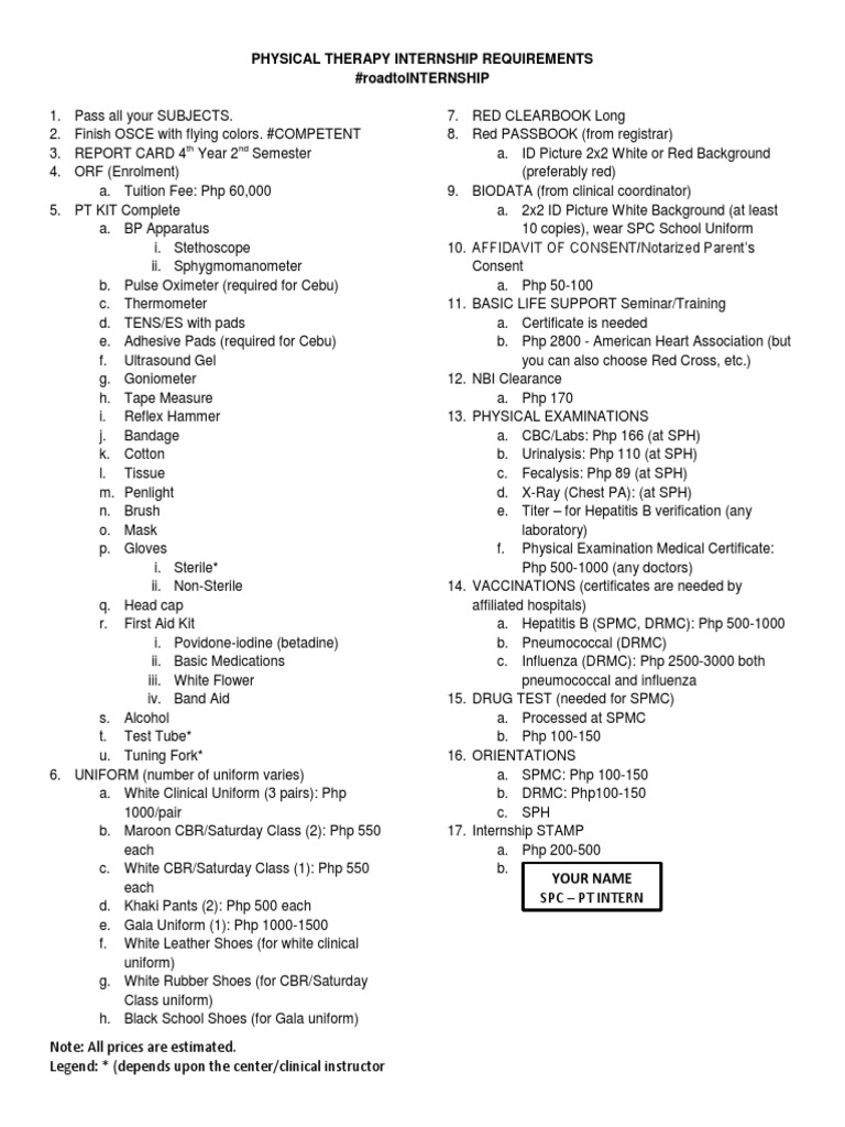 Physical Therapy Internship Checklist | PDF | Medicine | Health Sciences