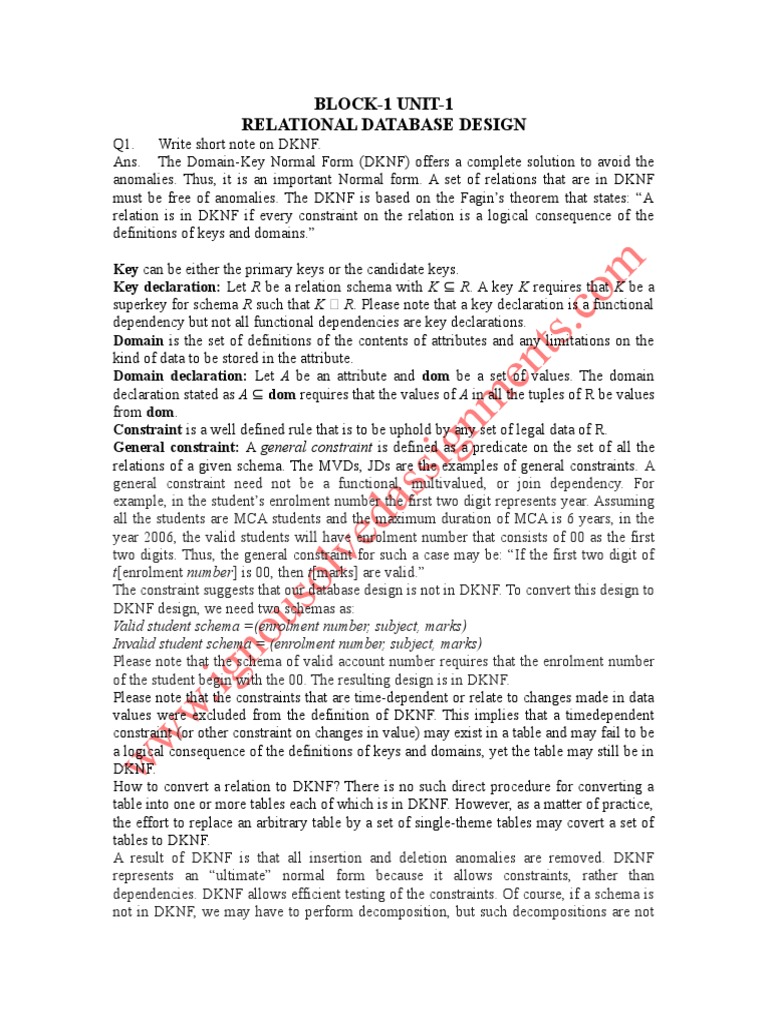 Block-1 Unit-1 Relational Database Design: T (Enrolment Number) Is 00 ...