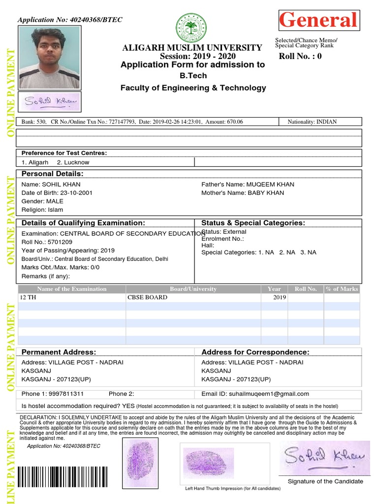 General: Application Form For Admission To | PDF | University And ...