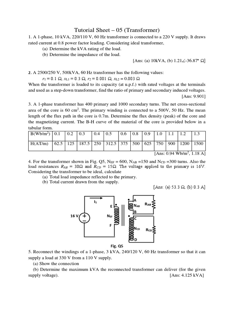 Tutorial Sheet5 Transformer | PDF | Transformer | Electrical Components
