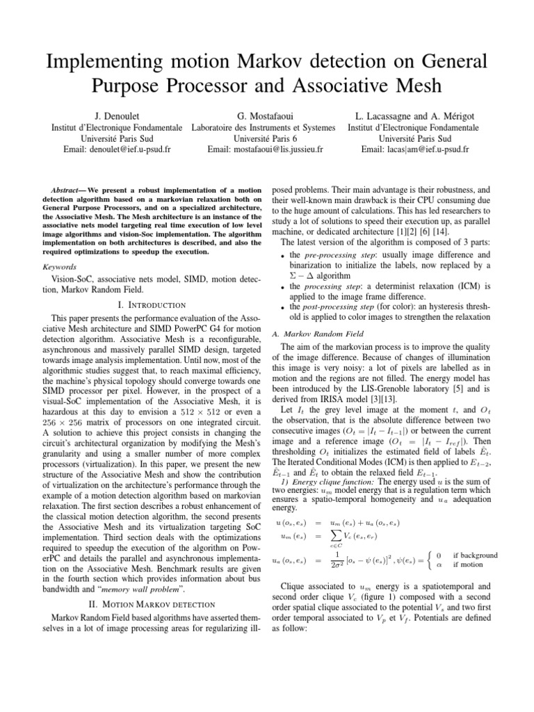 Implementing Motion Markov Detection On General Purpose Processor and Associative Mesh | PDF ...