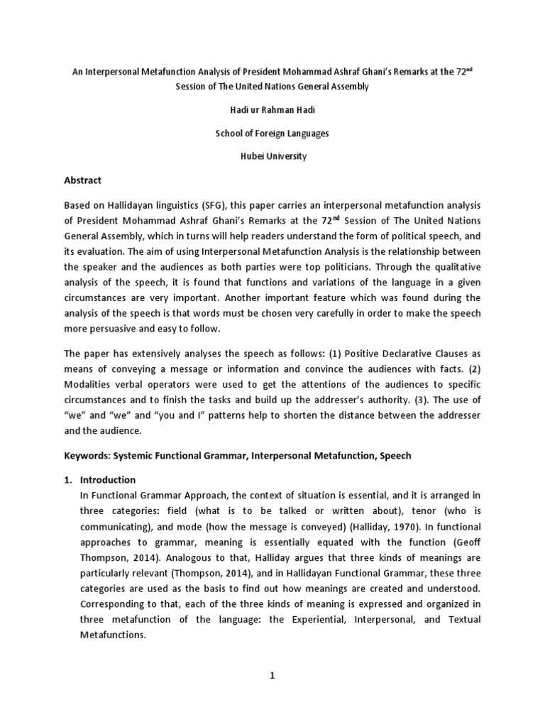An Interpersonal Metafunction Analysis of President Mohammad Ashraf ...
