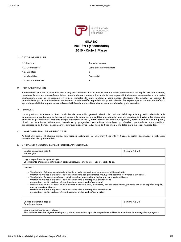 Silabo Utp Inglés 1 PDF | Adjetivo | Verbo