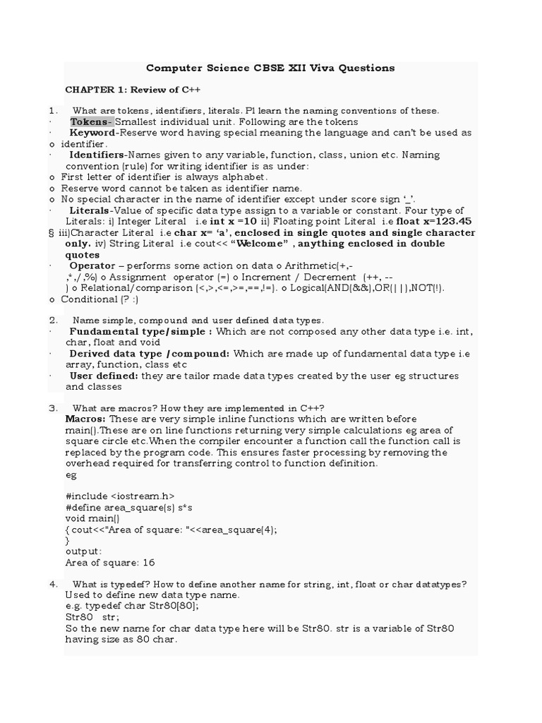 Computer Science Cbse Xii Viva Questions Chapter 1 Review Of C Pdf Constructor Object