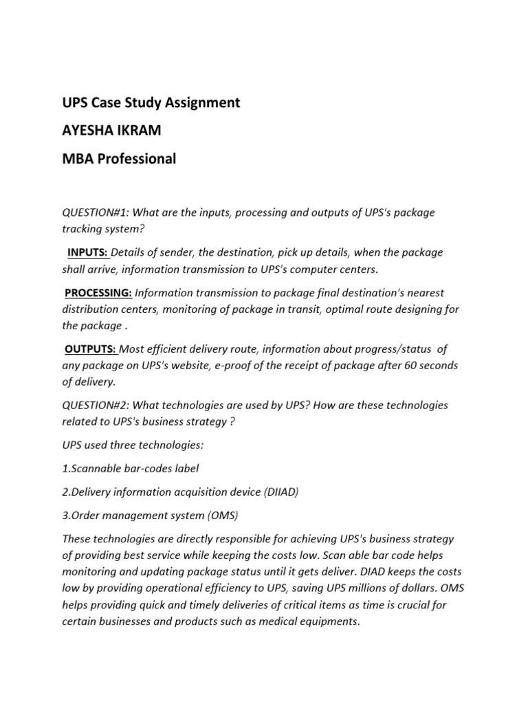 Ups Case Study Assignment Ayesha Ikram Mba Professional Pdf United