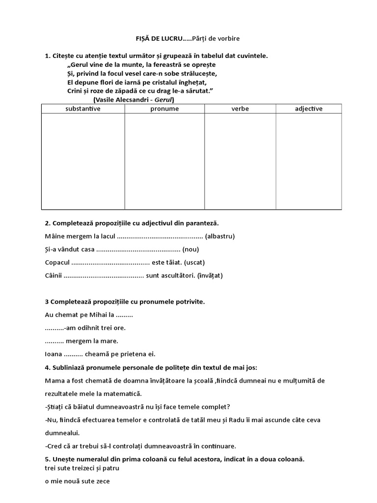 Fisa de Lucru Parti de Vorbire Clasa a v Areactualizarea Cunostintelor