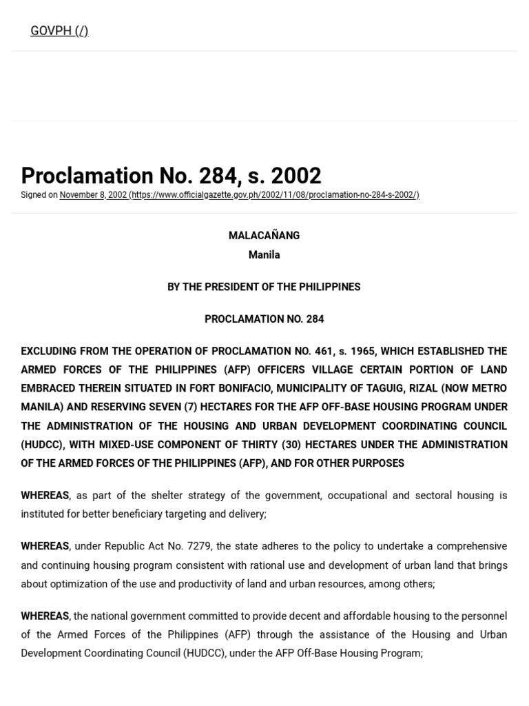 Proclamation No. 284, s. 2002 _ Official Gazette of the Republic of the ...