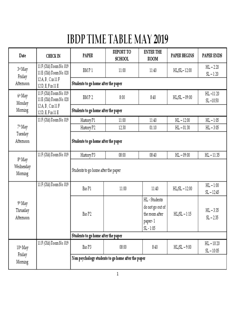 IBDP Exam Schedule May 2019 | PDF