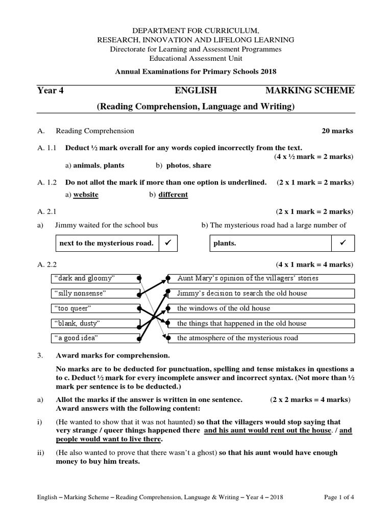 Year 4 English Marking Scheme (Reading Comprehension, Language and ...