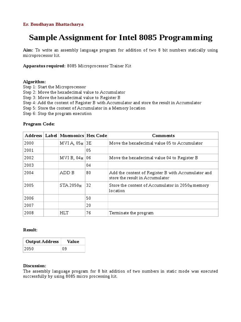 Sample Assignment For Intel 8085 Programming: Er. Boudhayan ...