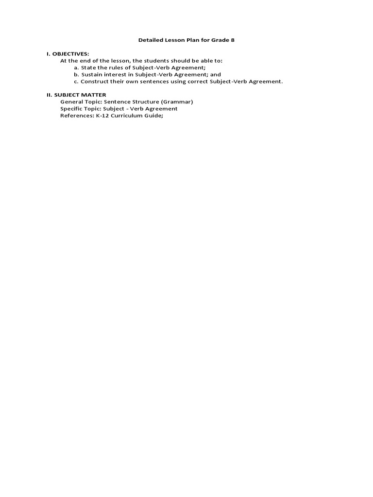 Grade 8 Lesson Plan: Subject-Verb Agreement | PDF | Career & Growth