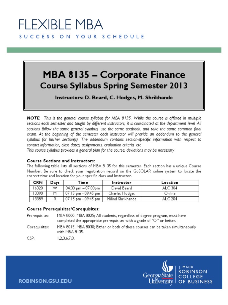 MBA 8135 - Corporate Finance: Course Syllabus Spring Semester 2013 ...