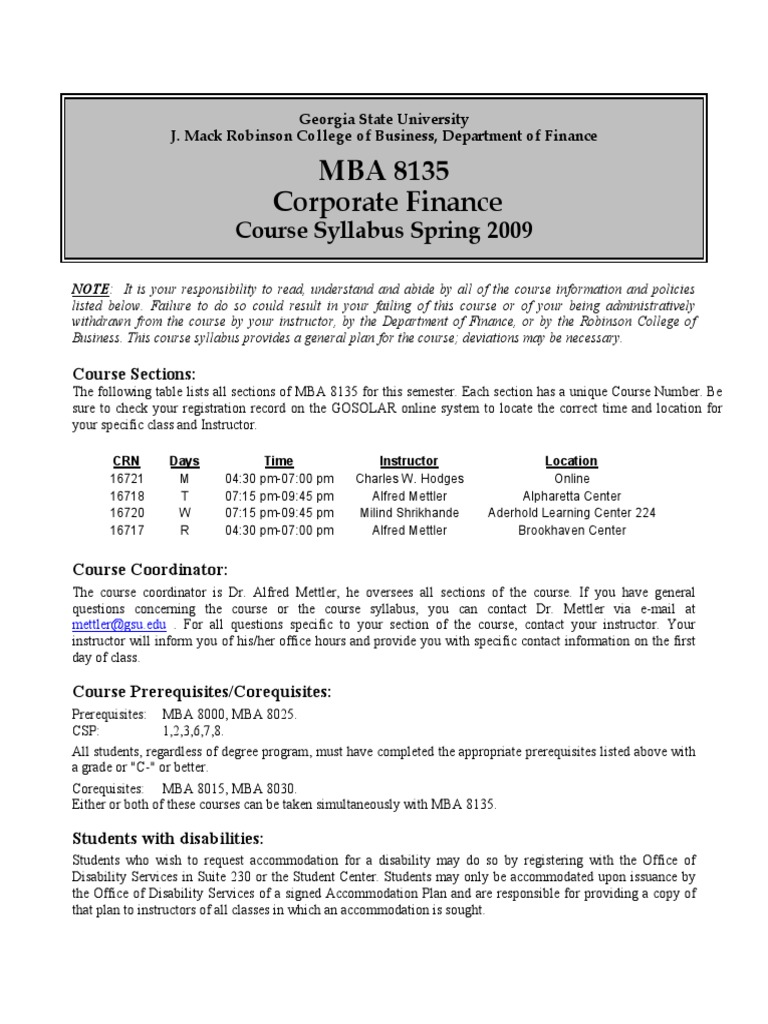 MBA 8135 Corporate Finance: Course Syllabus Spring 2009 | PDF | Capital ...