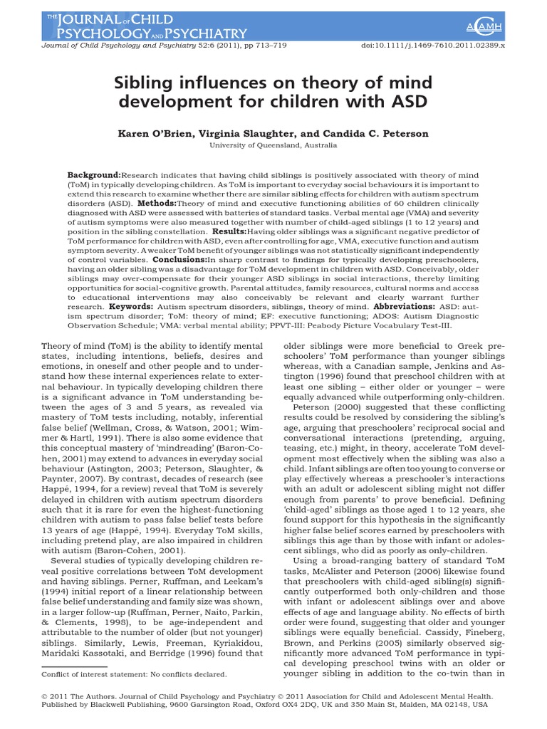 Sibling Influences On Theory of Mind Development For Children With ASD ...