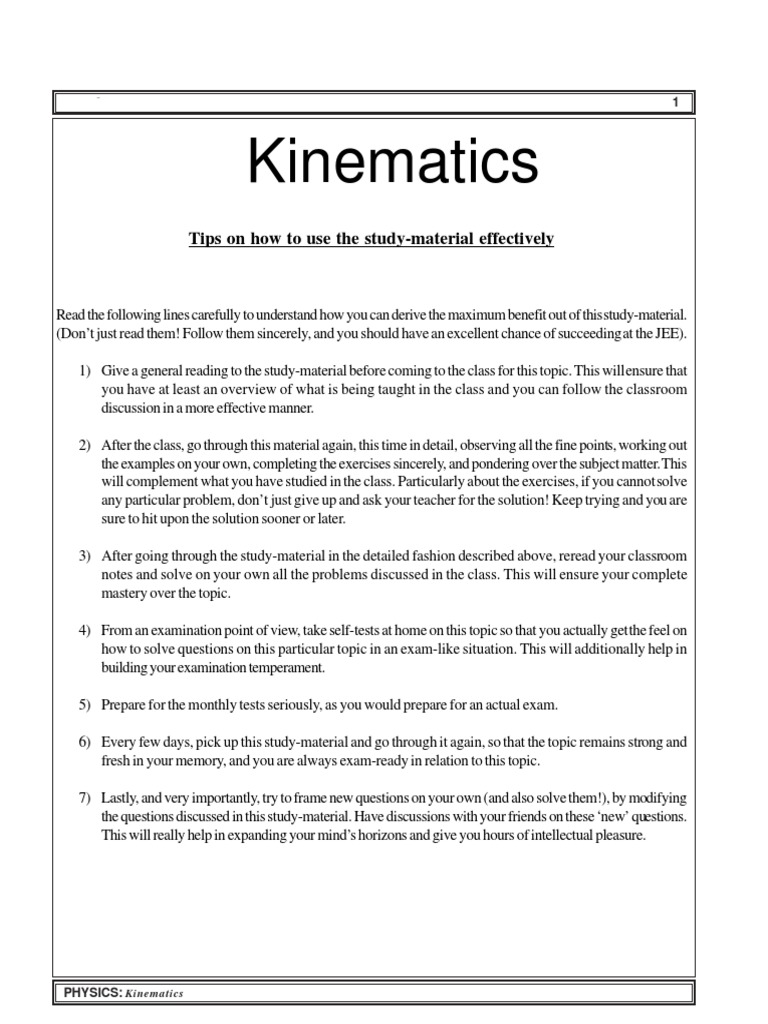Kinematics: Tips On How To Use The Study-Material Effectively | PDF | Velocity | Acceleration