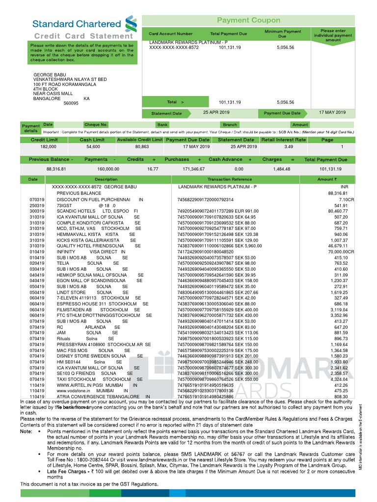 Standard Statement | Download Free PDF | Credit Card | Payments