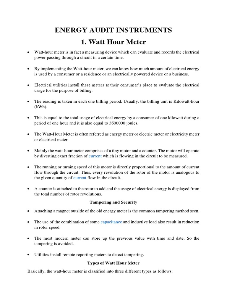 Energy Audit Instruments 1. Watt Hour Meter: Current | PDF | Physical ...