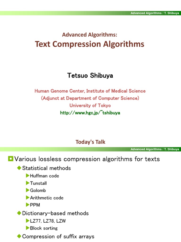 Text Compression Algorithms: Tetsuo Shibuya | PDF | Data Compression ...
