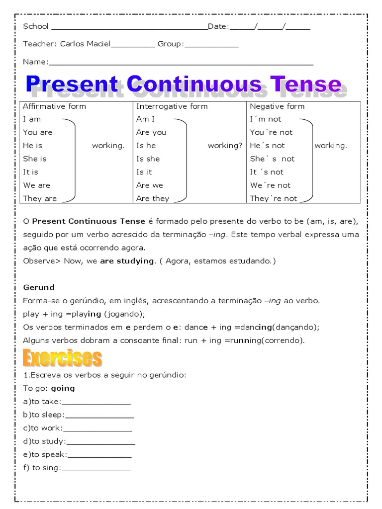 Atividade - Present Continuous | Grammar | Leisure
