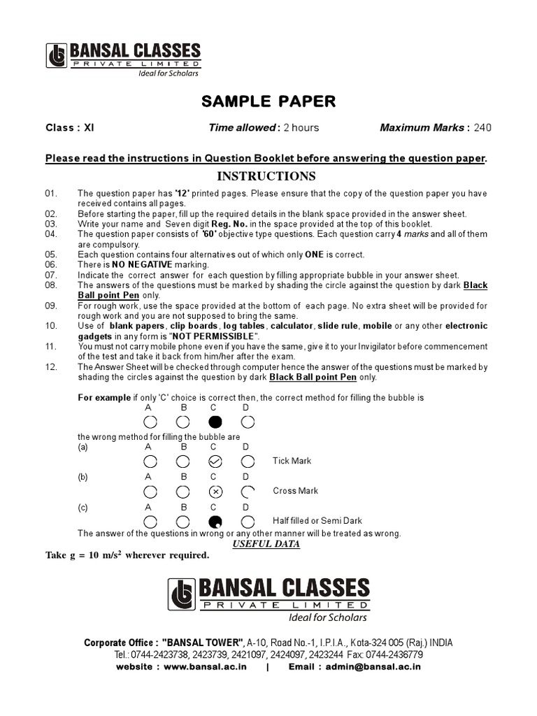 PCM Sample Paper 11th Engineering H | PDF | Applied And ...