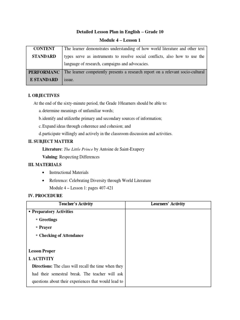 Detailed Lesson Plan in English - Grade 10 Module 4 - Lesson 1 ...