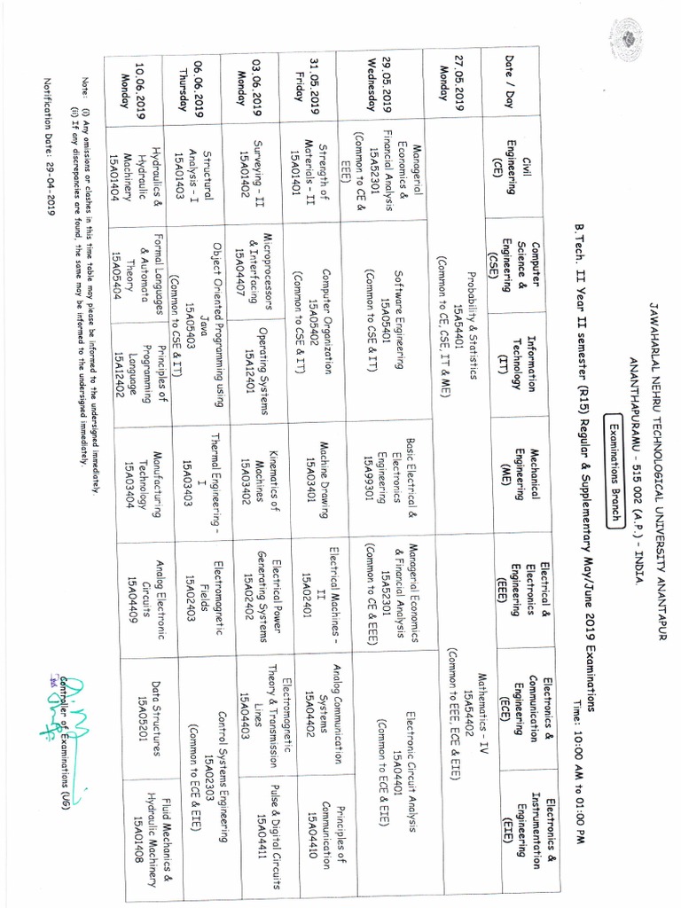 Btech 2-2 Time Table | PDF