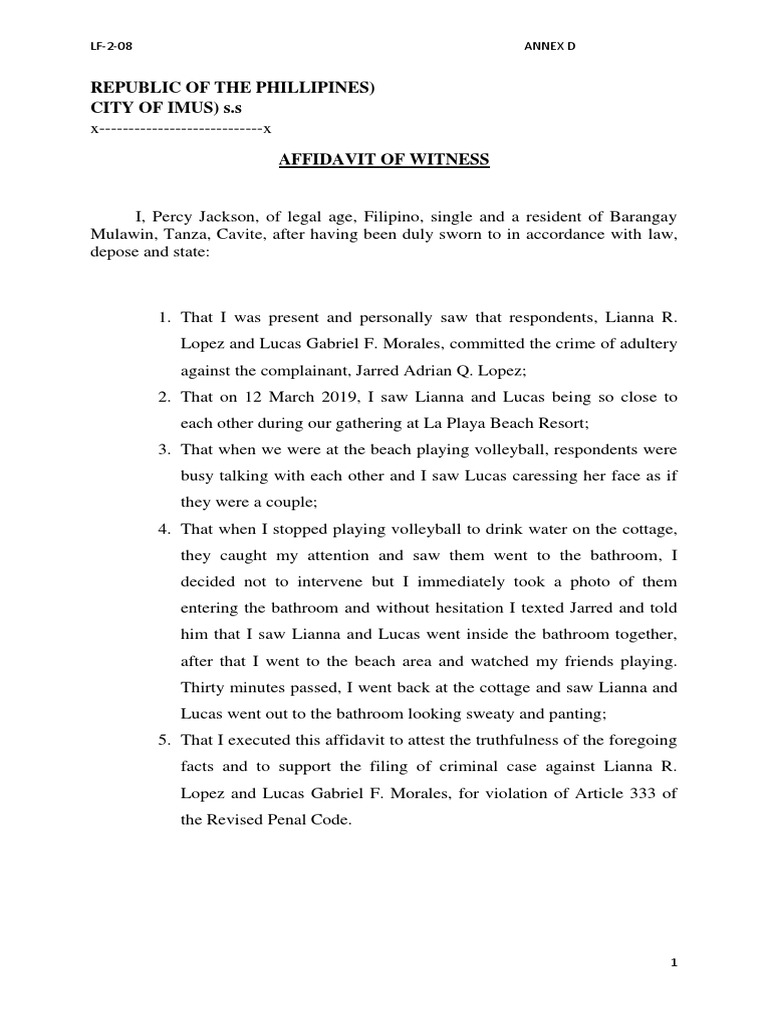 Sample Affidavit of Witness | PDF | Affidavit | Virtue
