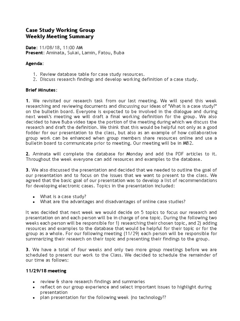 Case Study Working Group Meeting Summary | PDF | Communication | Cognition