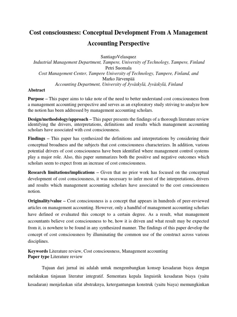 Cost consciousness conceptual development from management accounting ...