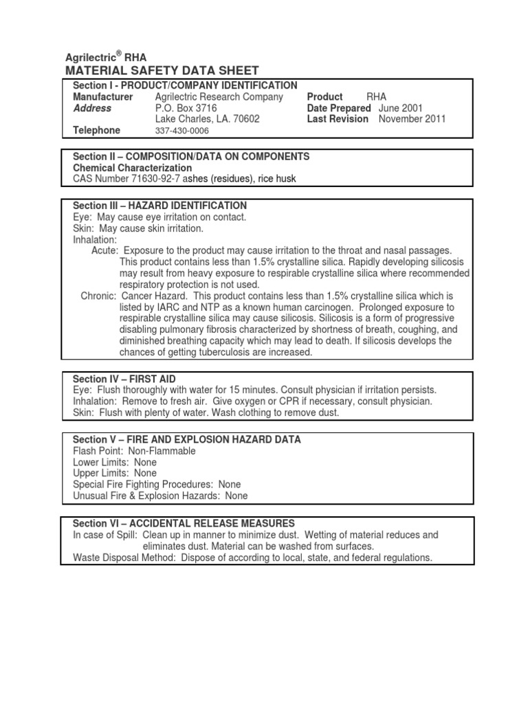 Material Safety Data Sheet: Agrilectric RHA | PDF | Silicon Dioxide ...