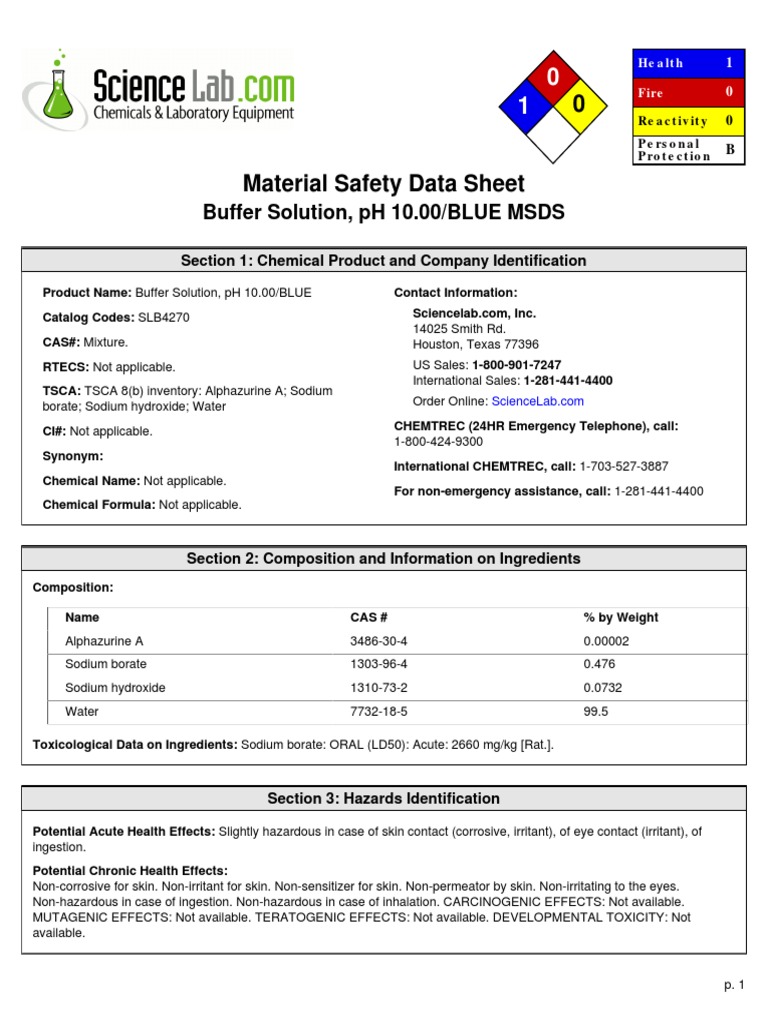 Msds Buffer PH 10 Blue | PDF | Toxicity | Water